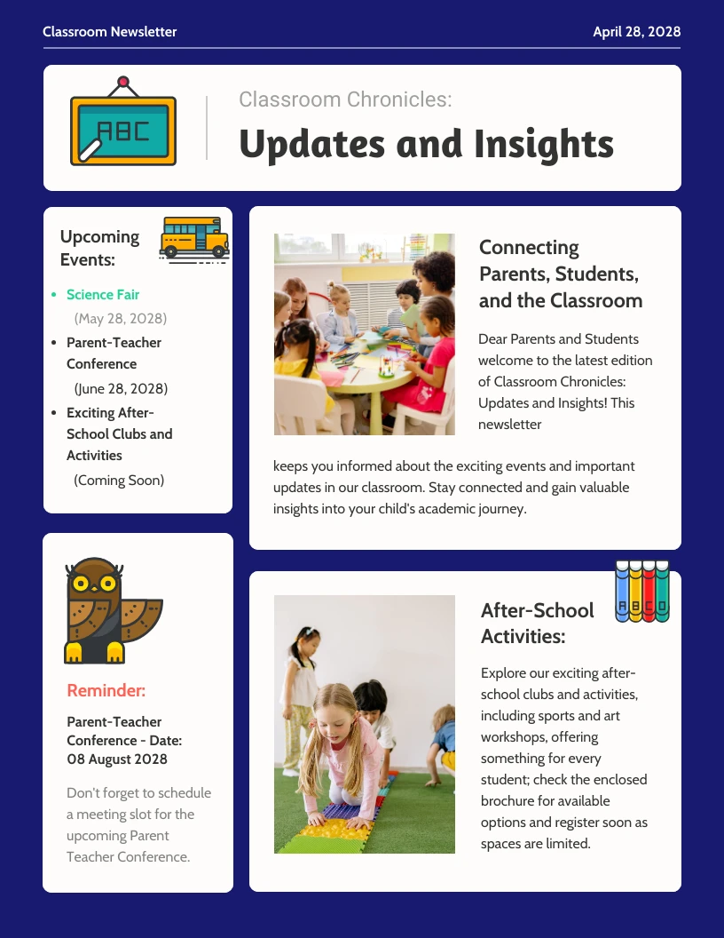 Fun Blue Illustrate Classroom Newsletter Template - Venngage
