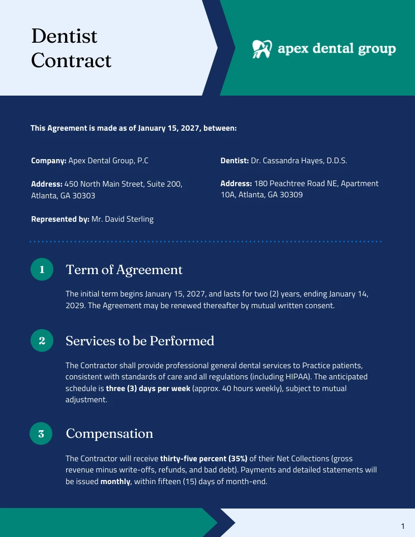 Dentist Contract Template - Venngage