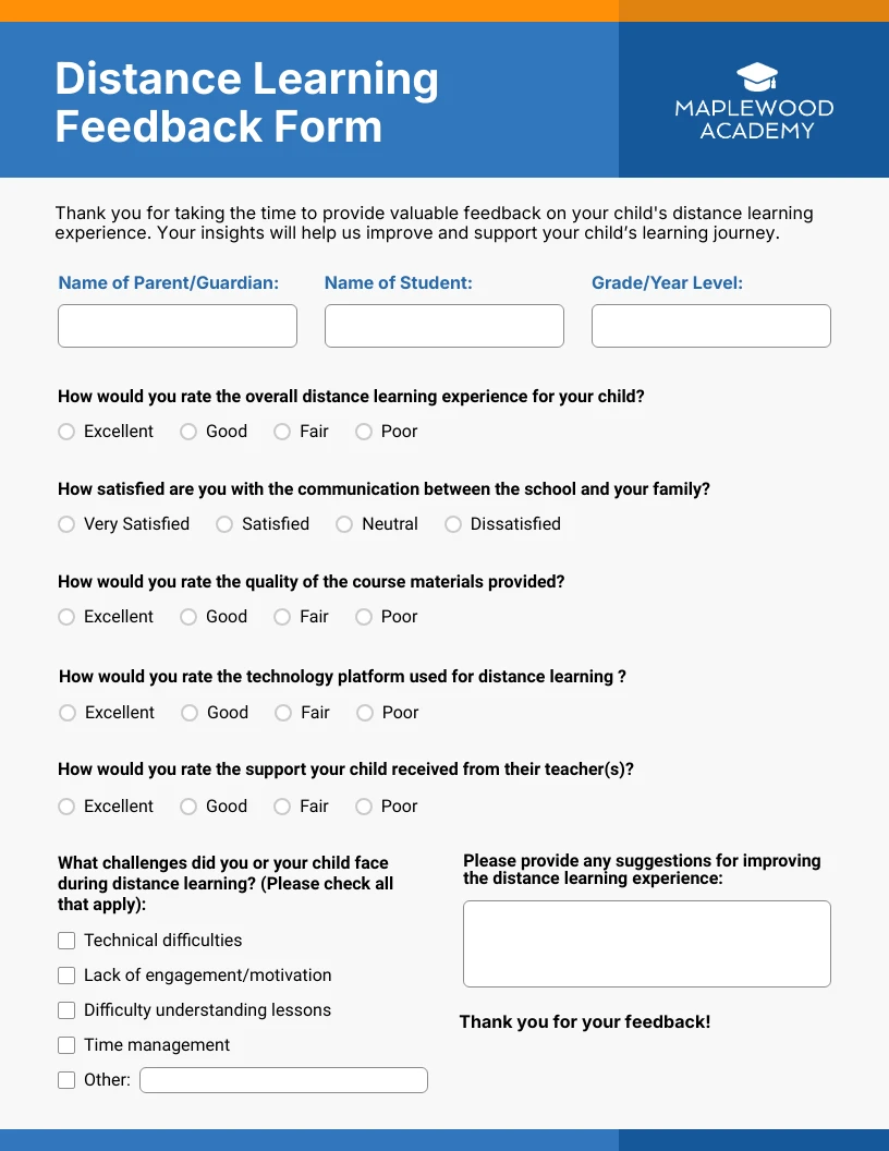 Simple Blue and Orange Distance Learning Feedback Forms - Venngage