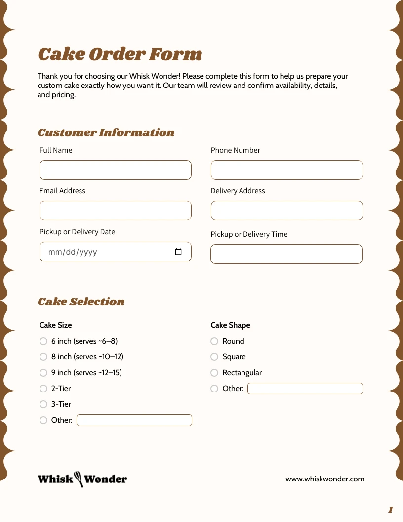 Cake Order Form Template - Venngage