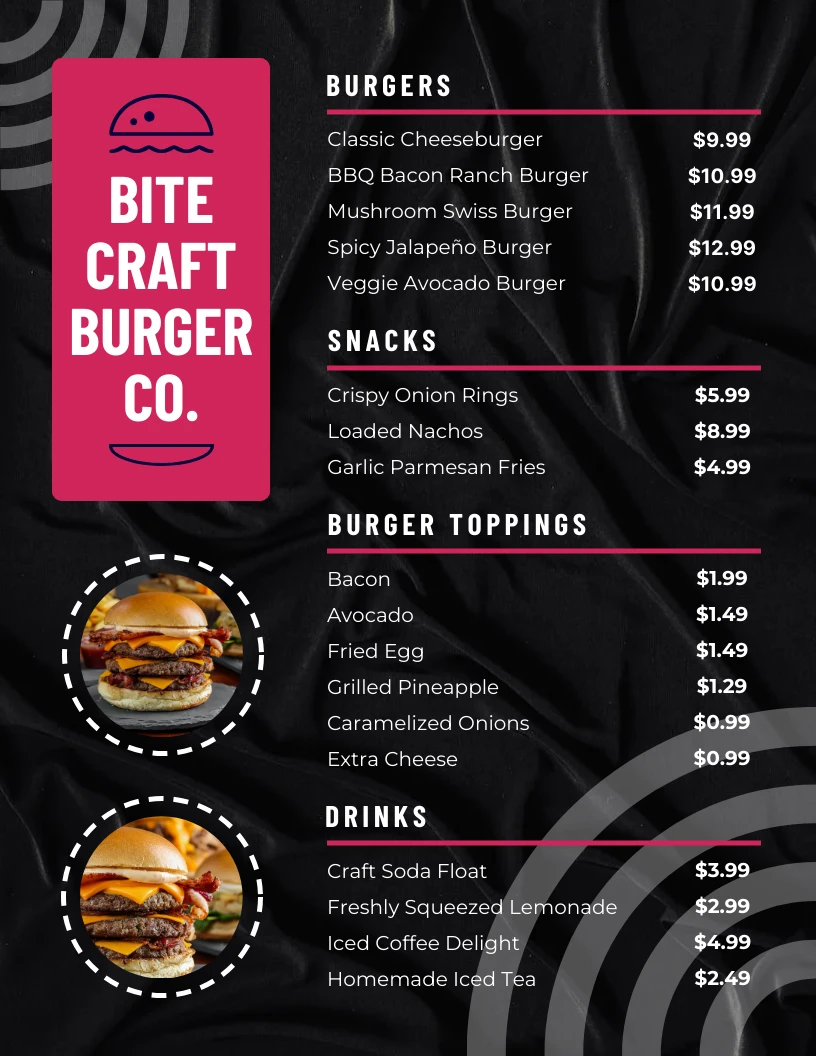 Black And Pink Modern Burger Menu - Venngage