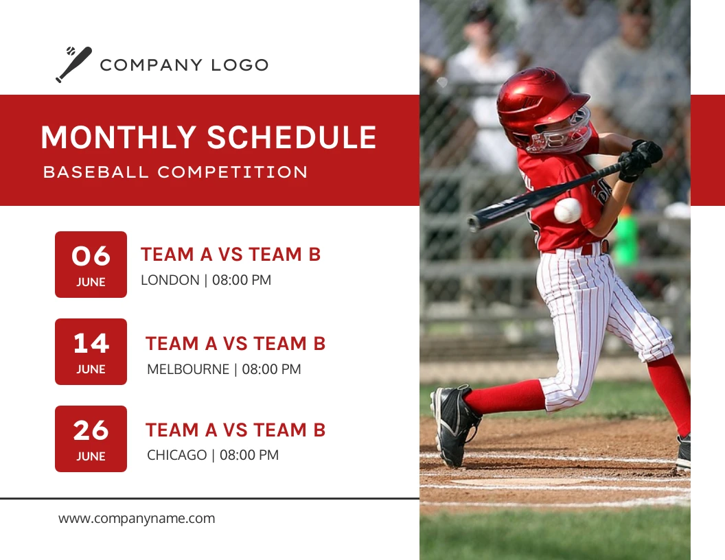White And Red Clean Baseball Schedule Template - Venngage