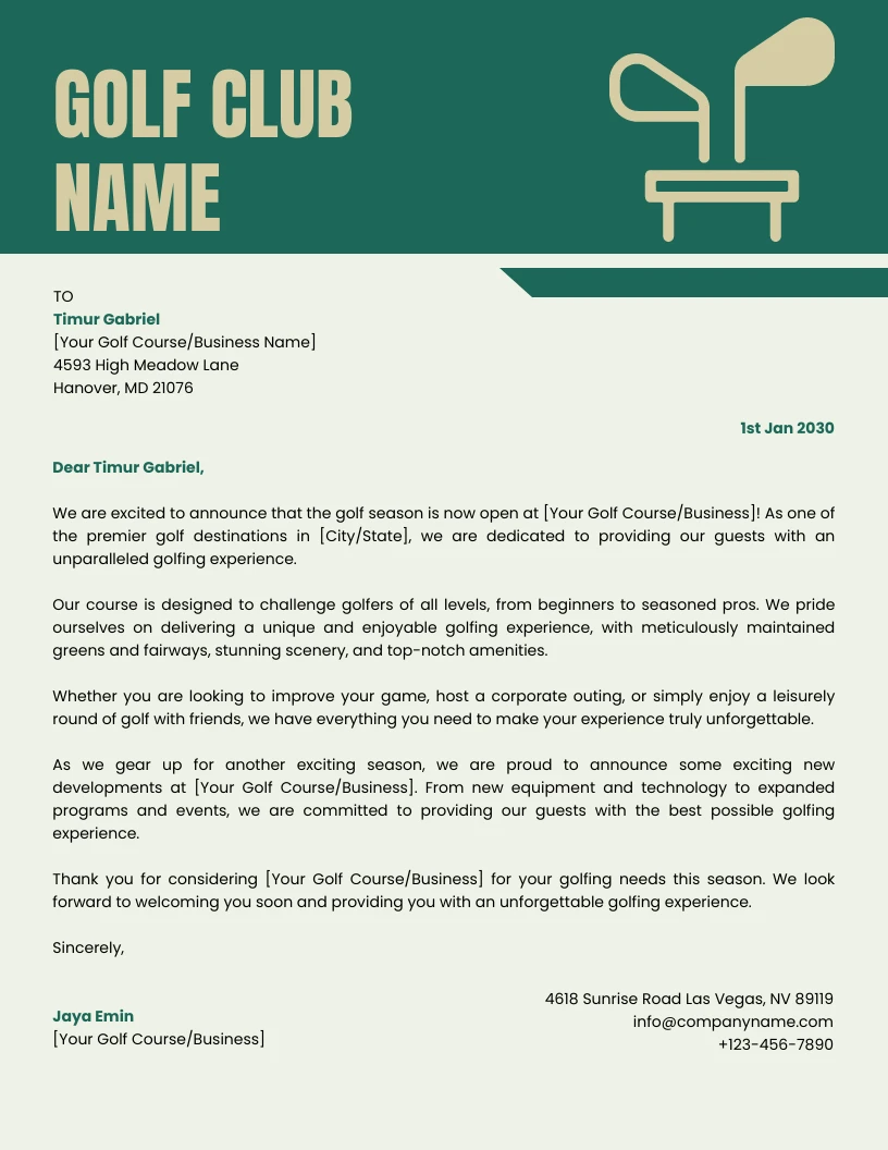 Green Classic Professional Business Golf Club Letterhead - Venngage