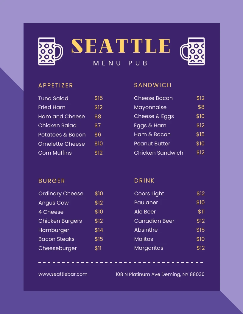 Purple Modern Pub Menu - Venngage