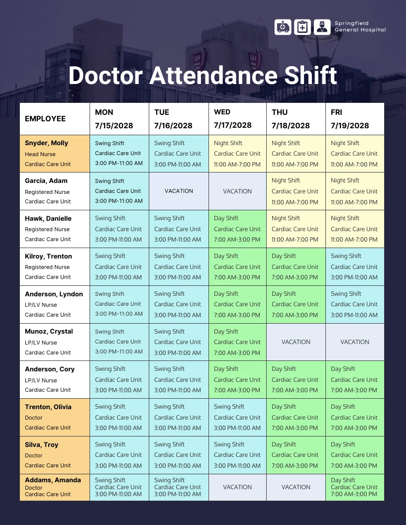 Dark Doctor Attendance Shift Schedule Template - Venngage