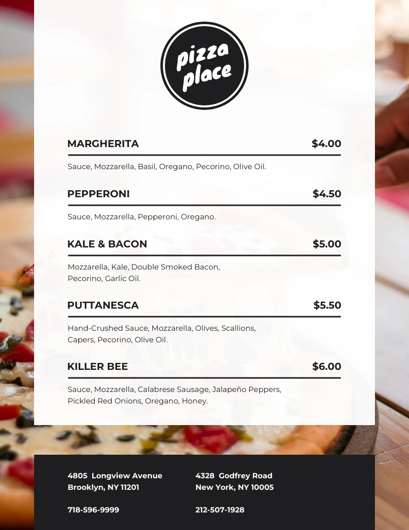 Simple Brooklyn Pizza Menu - Venngage