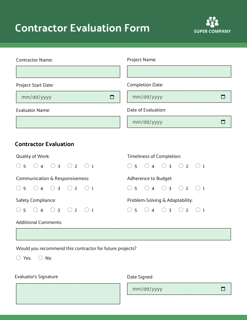 Simple Green Evaluation Forms - Venngage