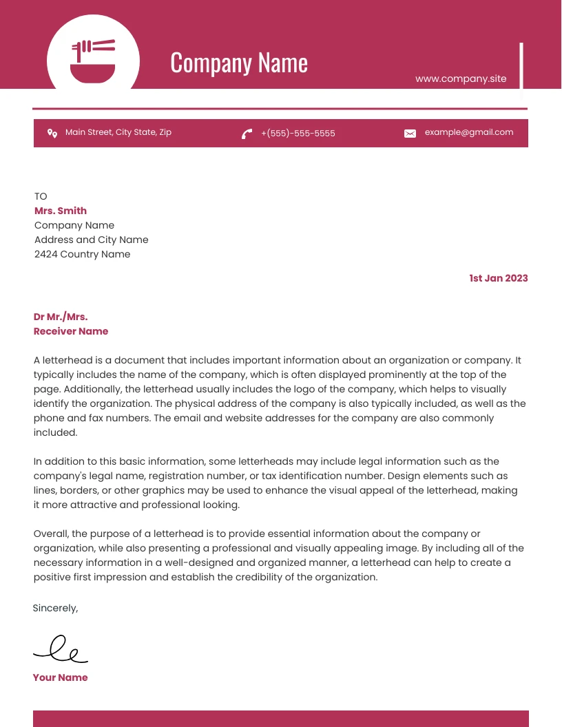 White And Dark Pink Restaurant Letterhead Template - Venngage