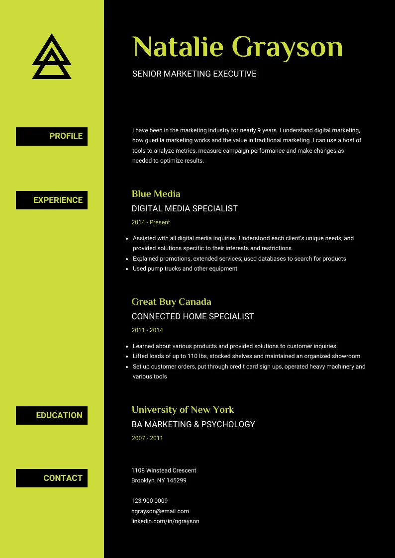 Black Neon Resume Template [A4] - Venngage