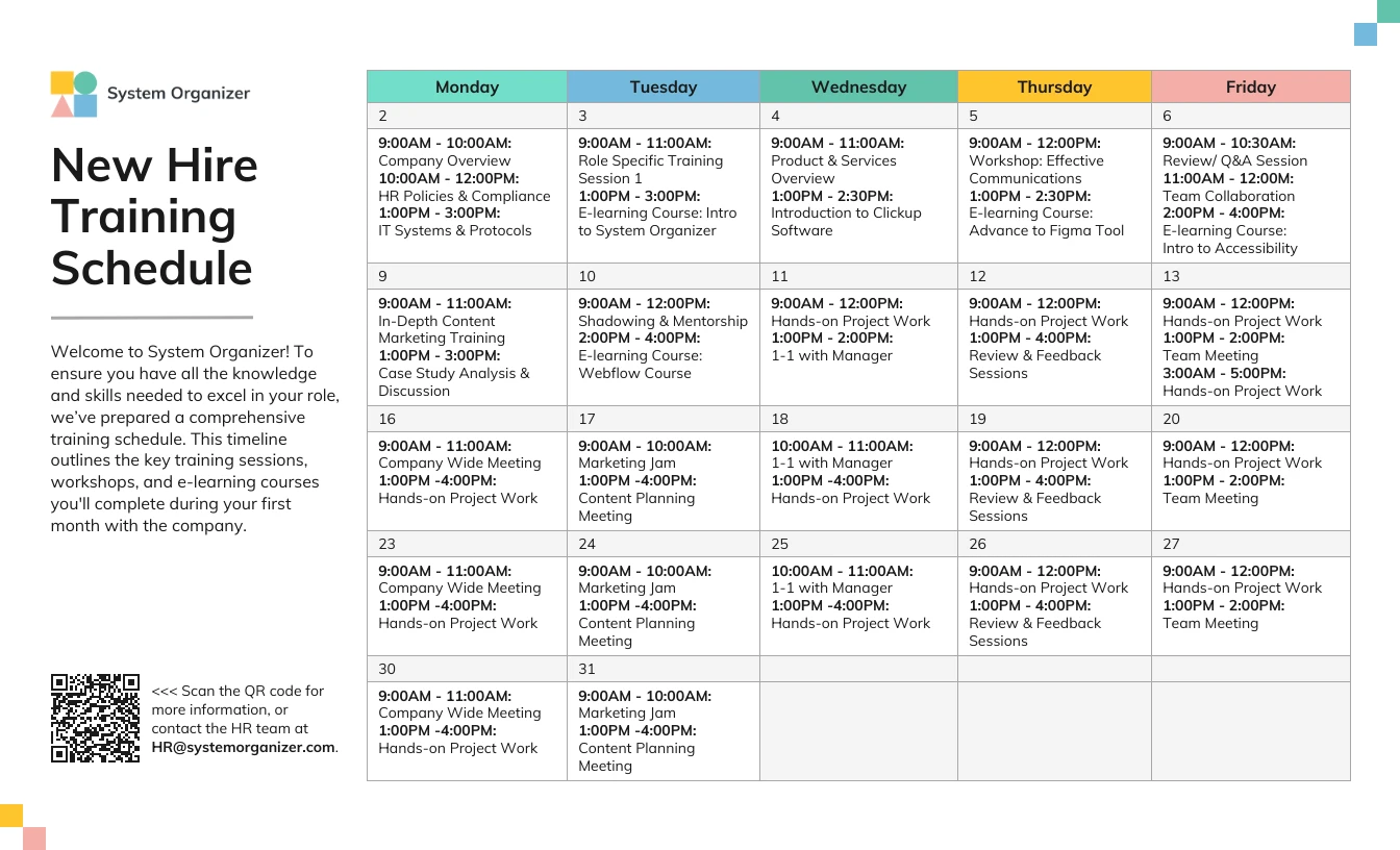 New Hire Onboarding Training Work Schedule - Venngage