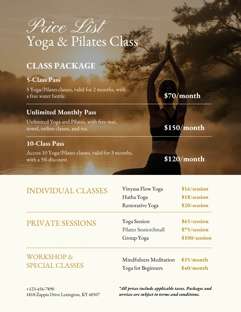 Yoga and Pilates Class Price List Template - Venngage