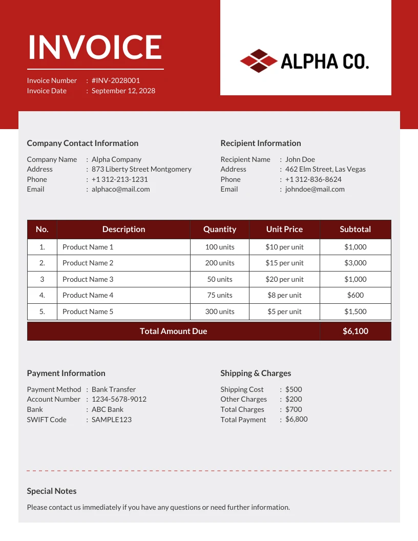 Modern Red Gray Commercial Invoice Template - Venngage
