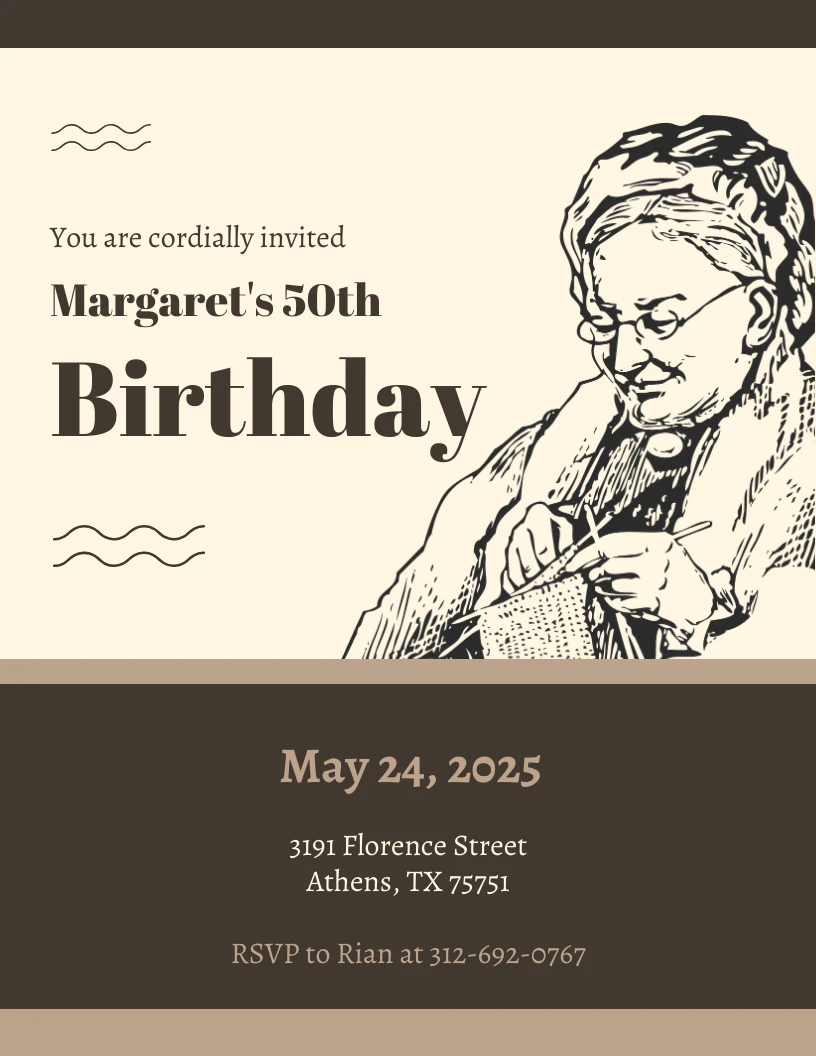 Brown Illustration Vintage Classic Grandma 50th Birthday Invitation ...