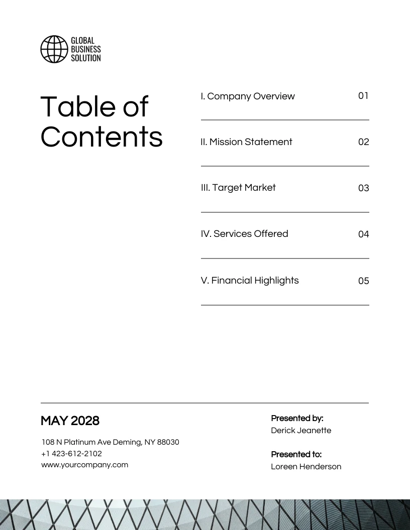 Simple Business Plan Table Of Contents Template Venngage