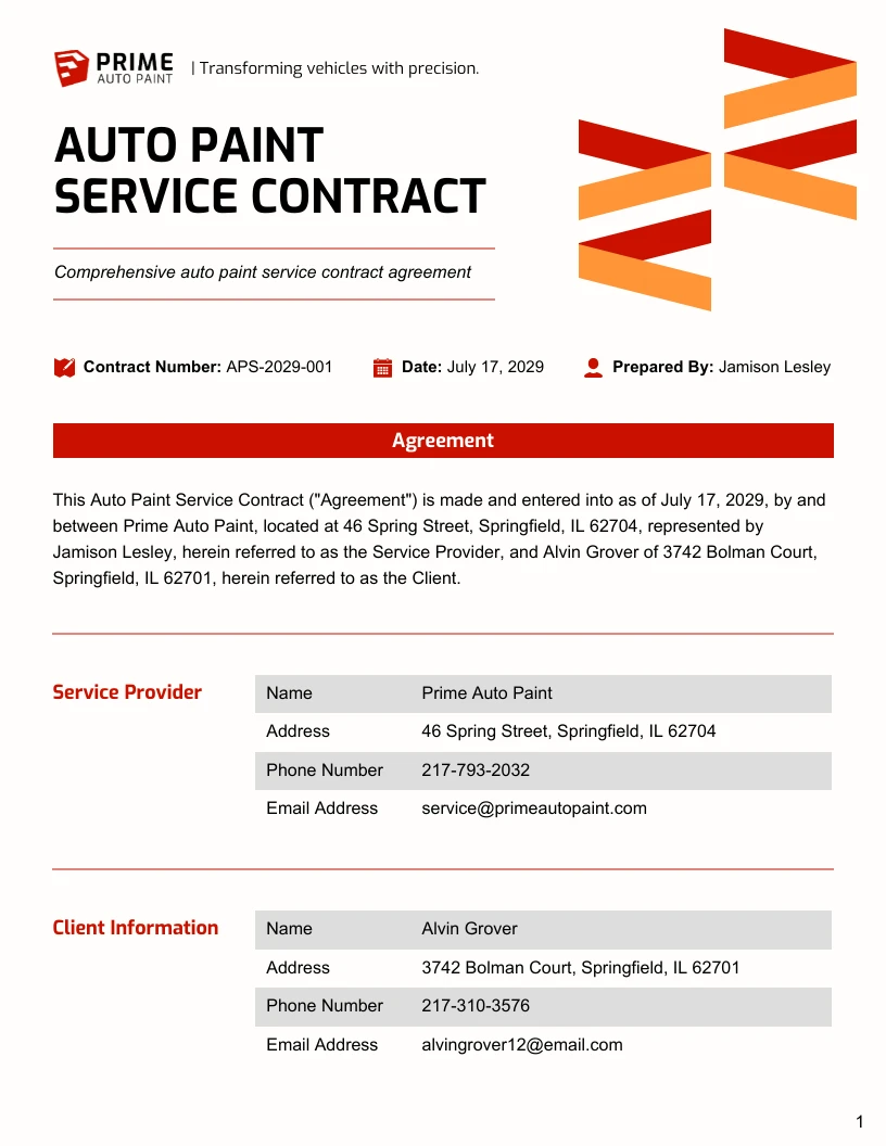 Auto Paint Service Contract Template - Venngage