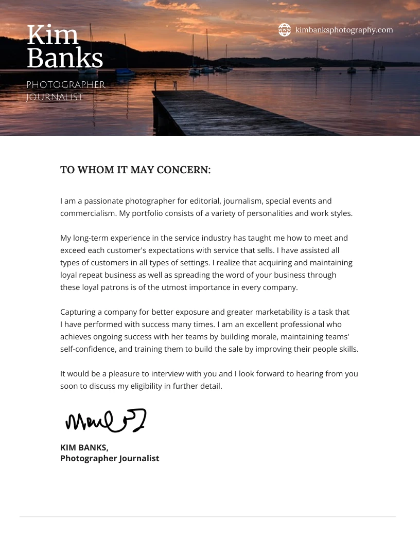 Photography Cover Letter Template - Venngage