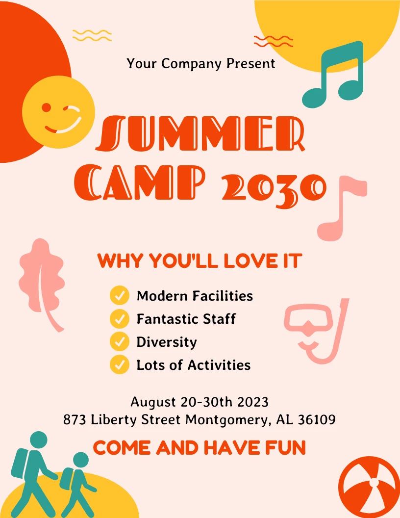 Playful August Summer Camp Flyer Template - Venngage