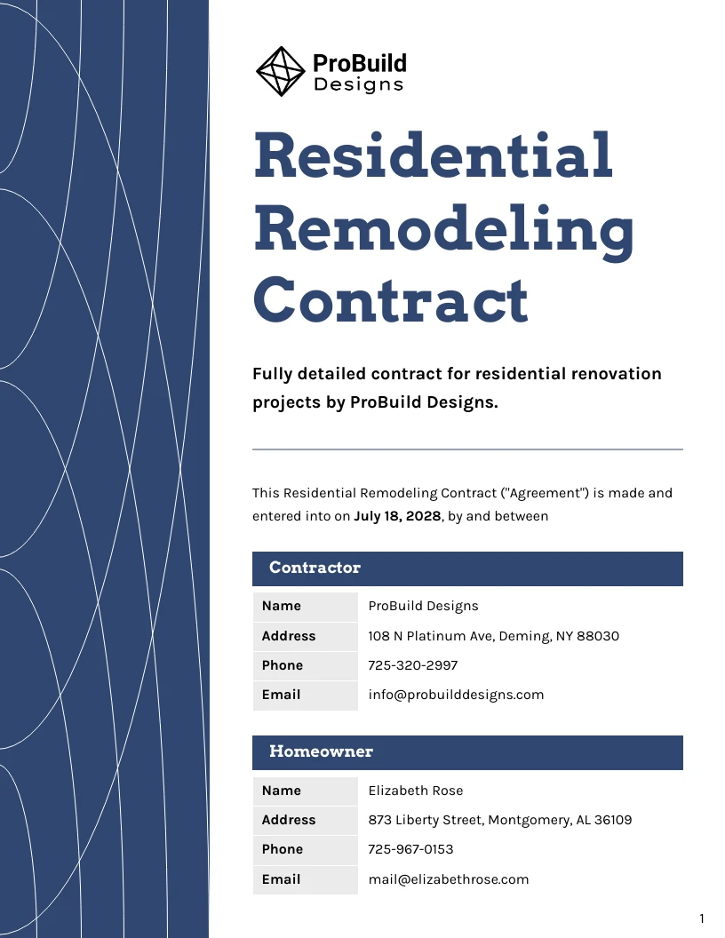 Residential Remodeling Contract Template - Venngage
