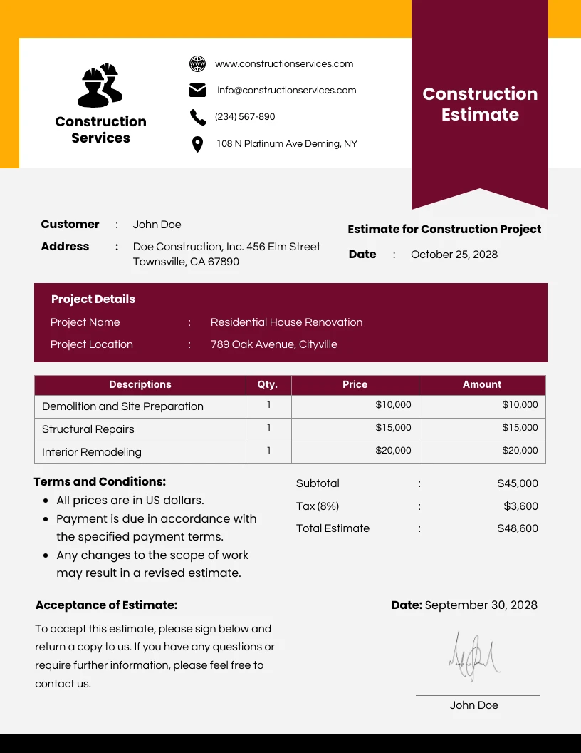 Yellow Maroon Construction Estimate Template - Venngage