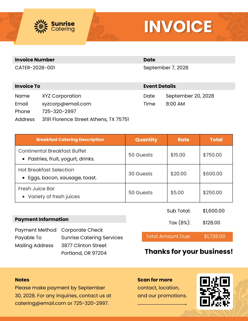 Catering Breakfast Bill Format Invoice Template - Venngage
