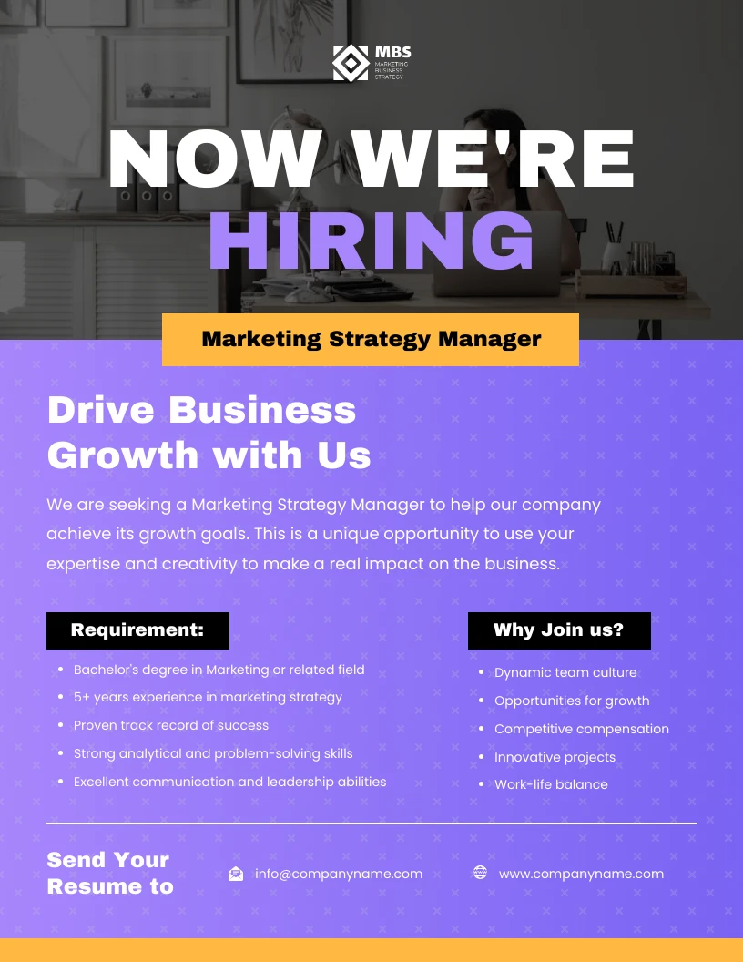 Purple and Yellow Now Hiring Poster - Venngage