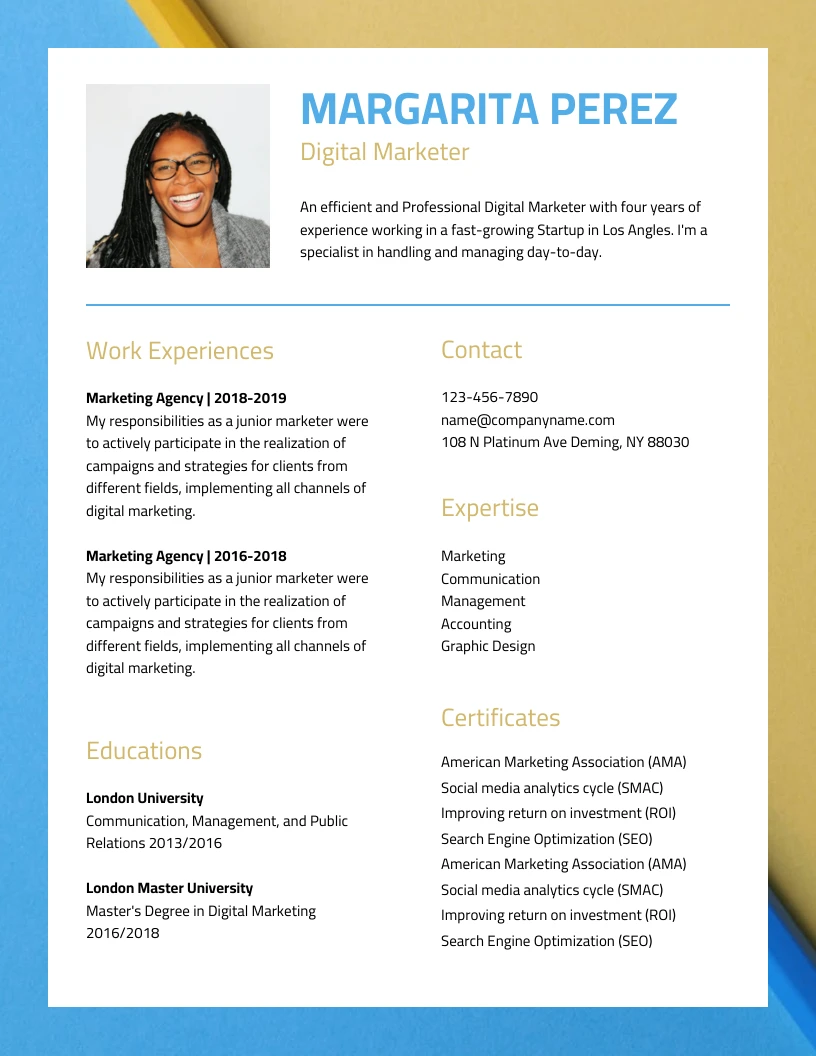 Blue Yellow Modern Creative Resume Template - Venngage