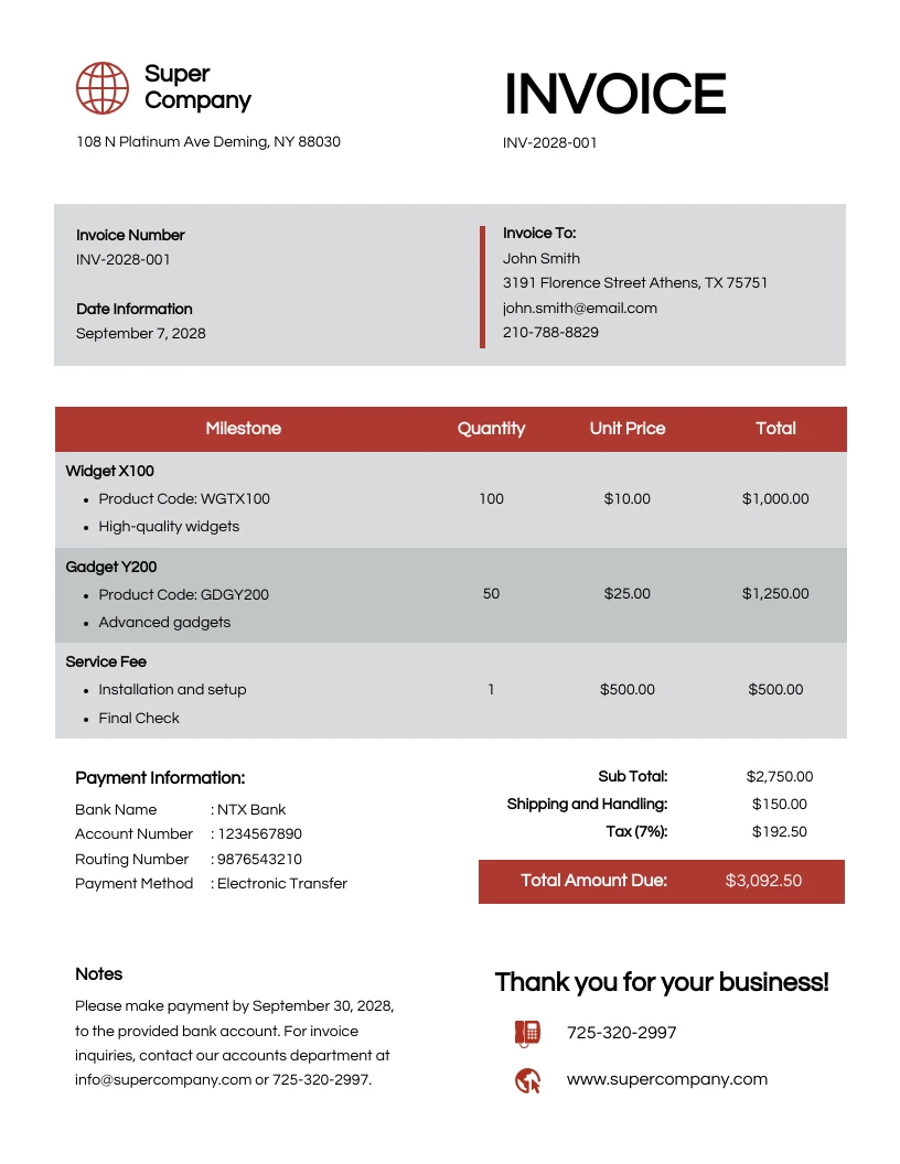 Grey Red Business Invoice Template - Venngage