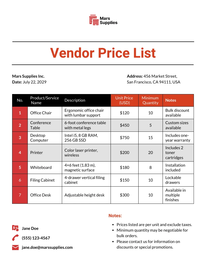 Vendor Price List Template - Venngage