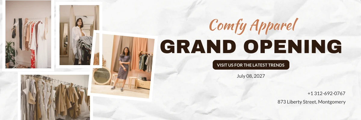 Paper White Modern Grand Opening Fashion Apparel Banner - Venngage