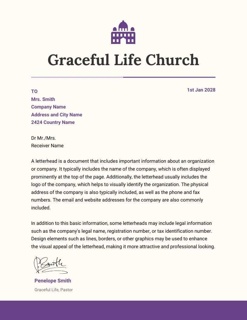 Broken White And Purple Minimalist Church Letterhead Template - Venngage