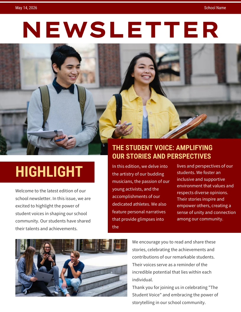Maroon Yellow School Student Newsletter Template - Venngage