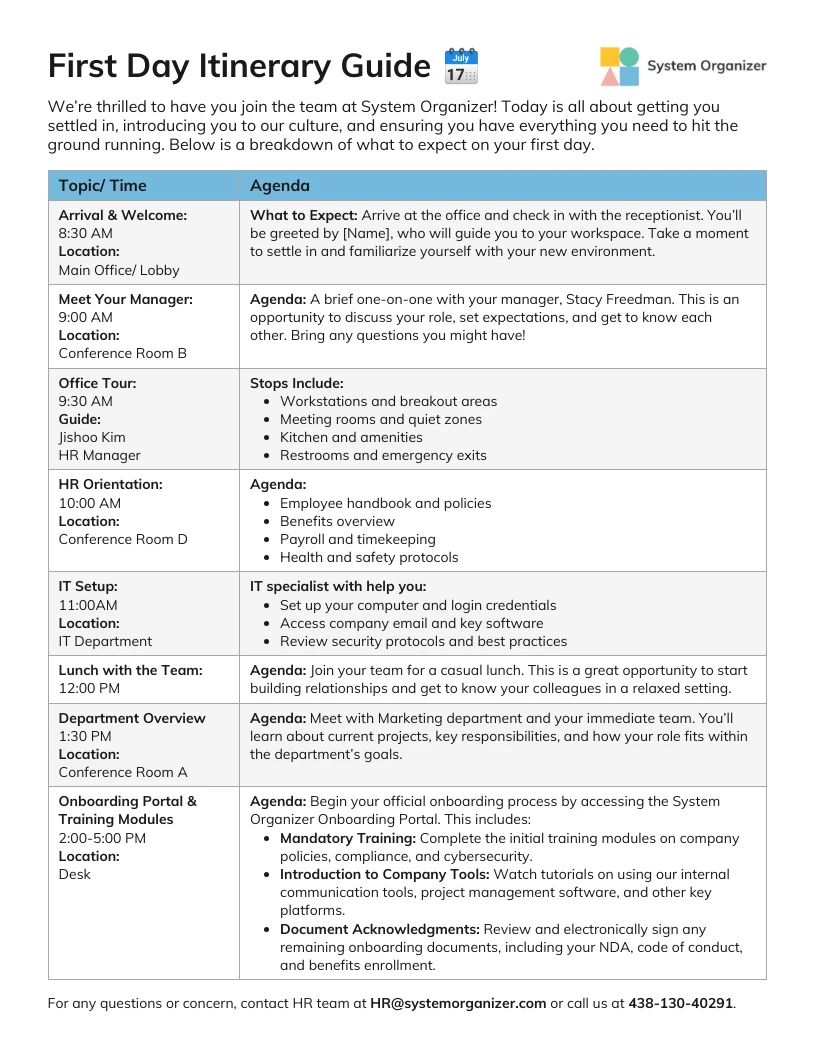 New Hire First Day Human Resource Itinerary Guide - Venngage