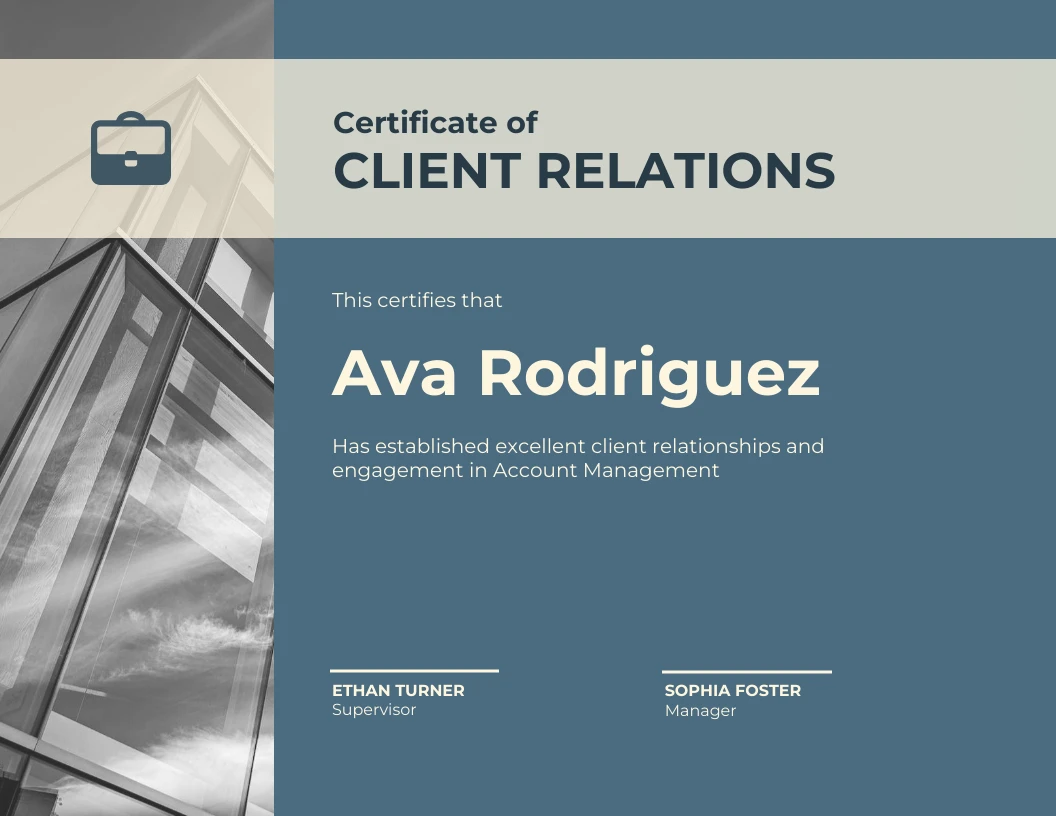 Simple Blue Certificate of Client Relations Template - Venngage