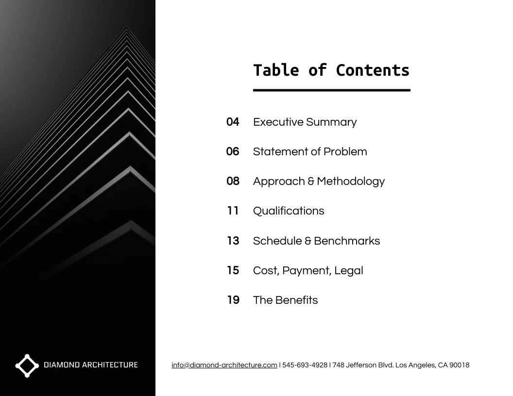 Diamond Architecture Business Plan Table Of Contents Template Venngage