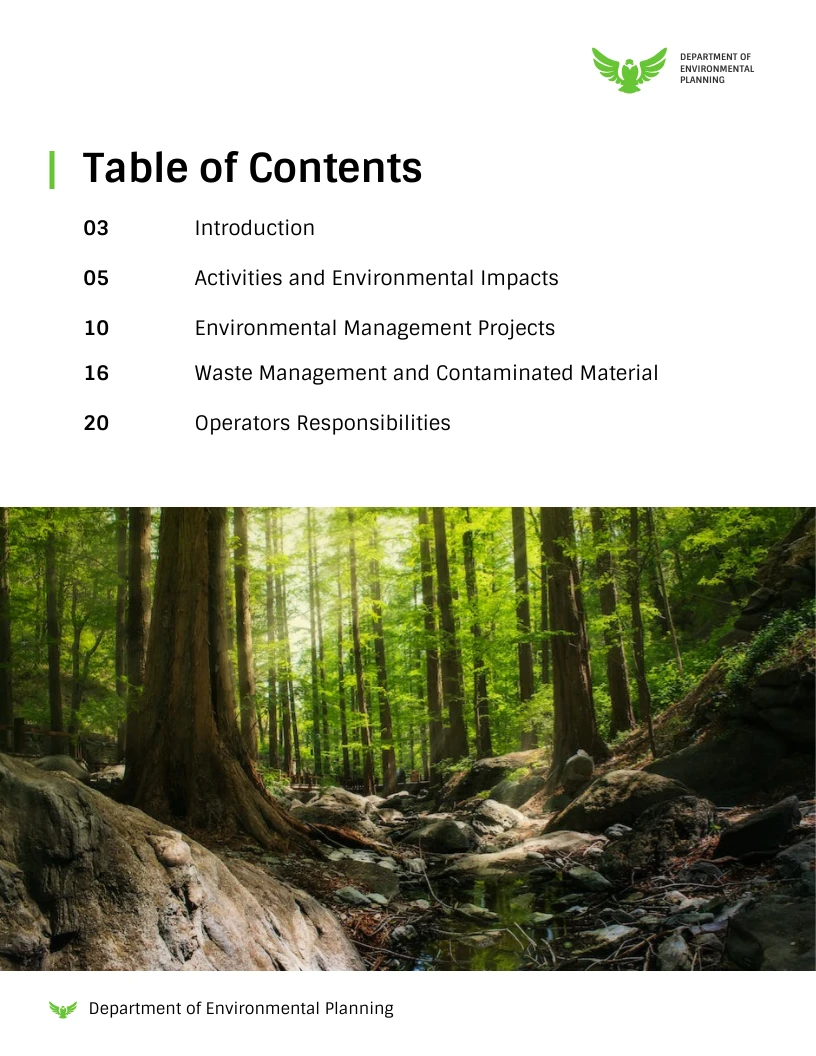 Environmental Awareness Introduction Table of Contents Template - Venngage