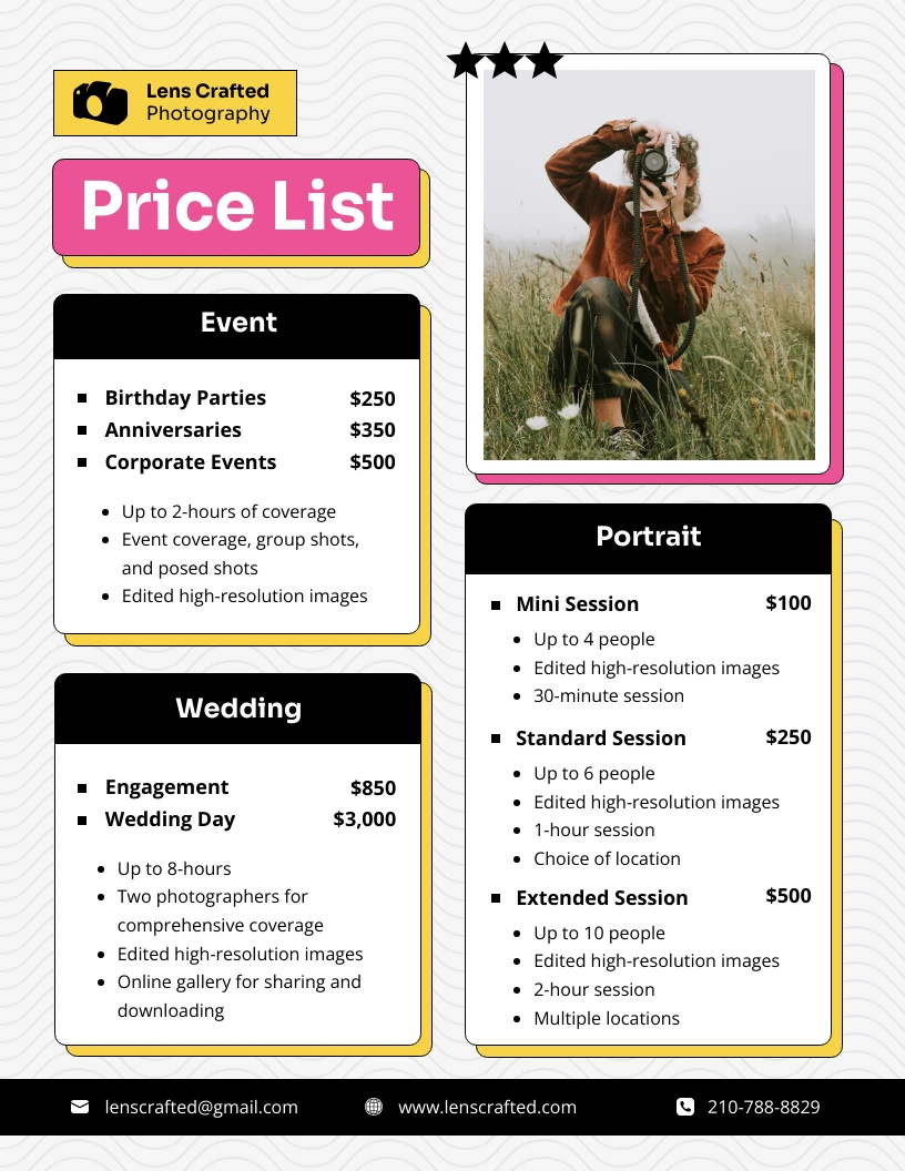 Black Yellow Photography Price List Template - Venngage
