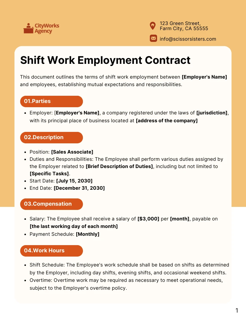 Shift Work Employment Contract Template - Venngage