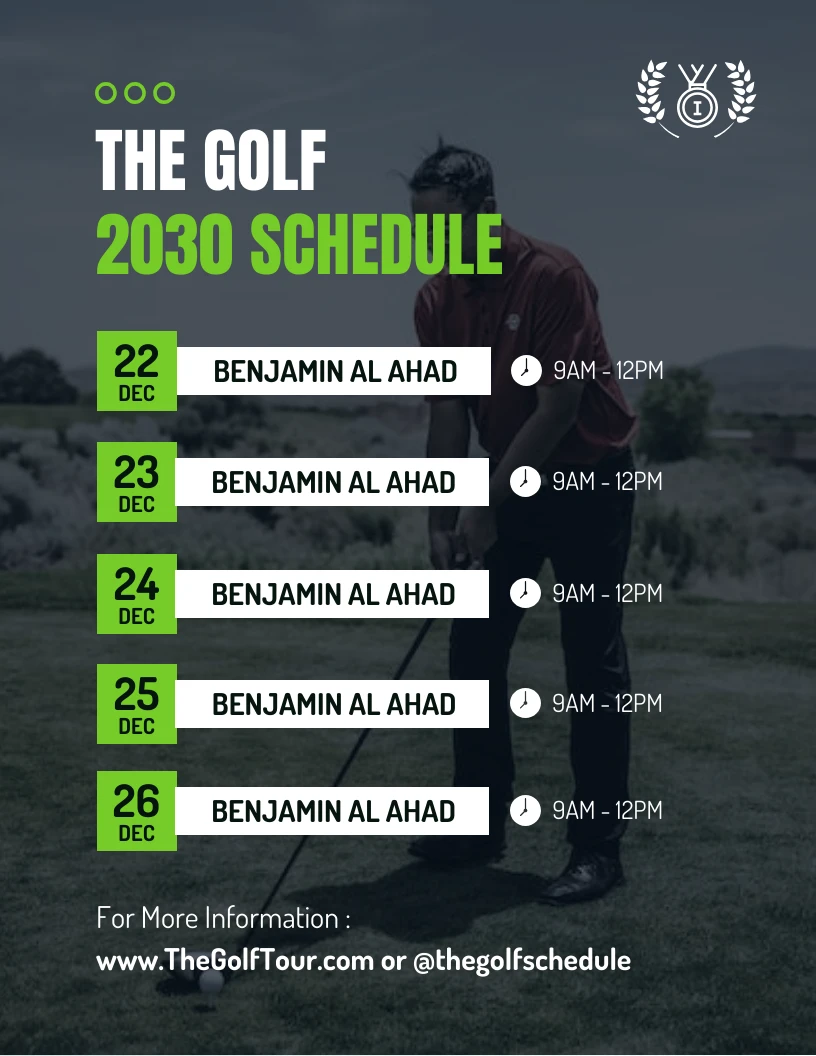 Plantilla simple negra de horario de golf - Venngage