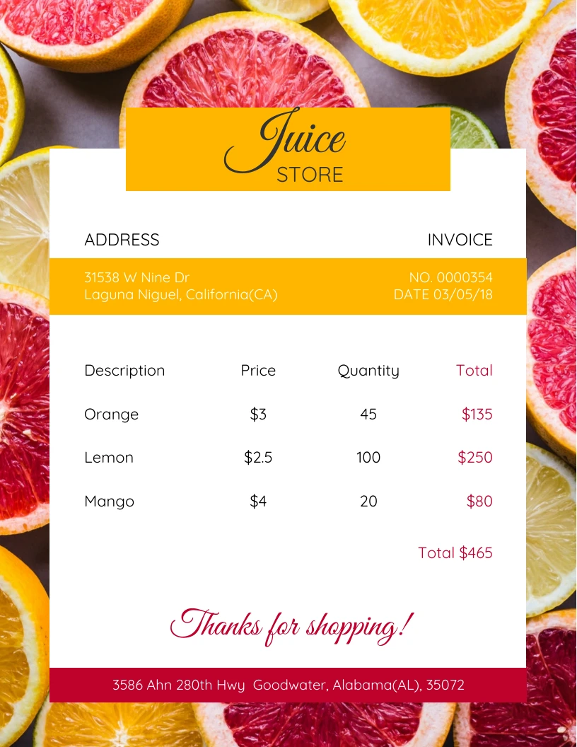 Juice Store Invoice Template - Venngage