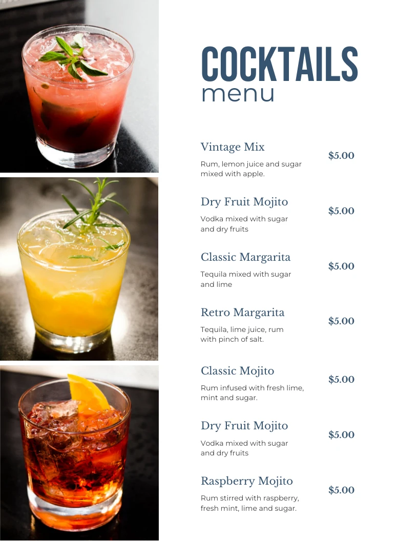 White Minimalist Photo Collages Bar Menu - Venngage