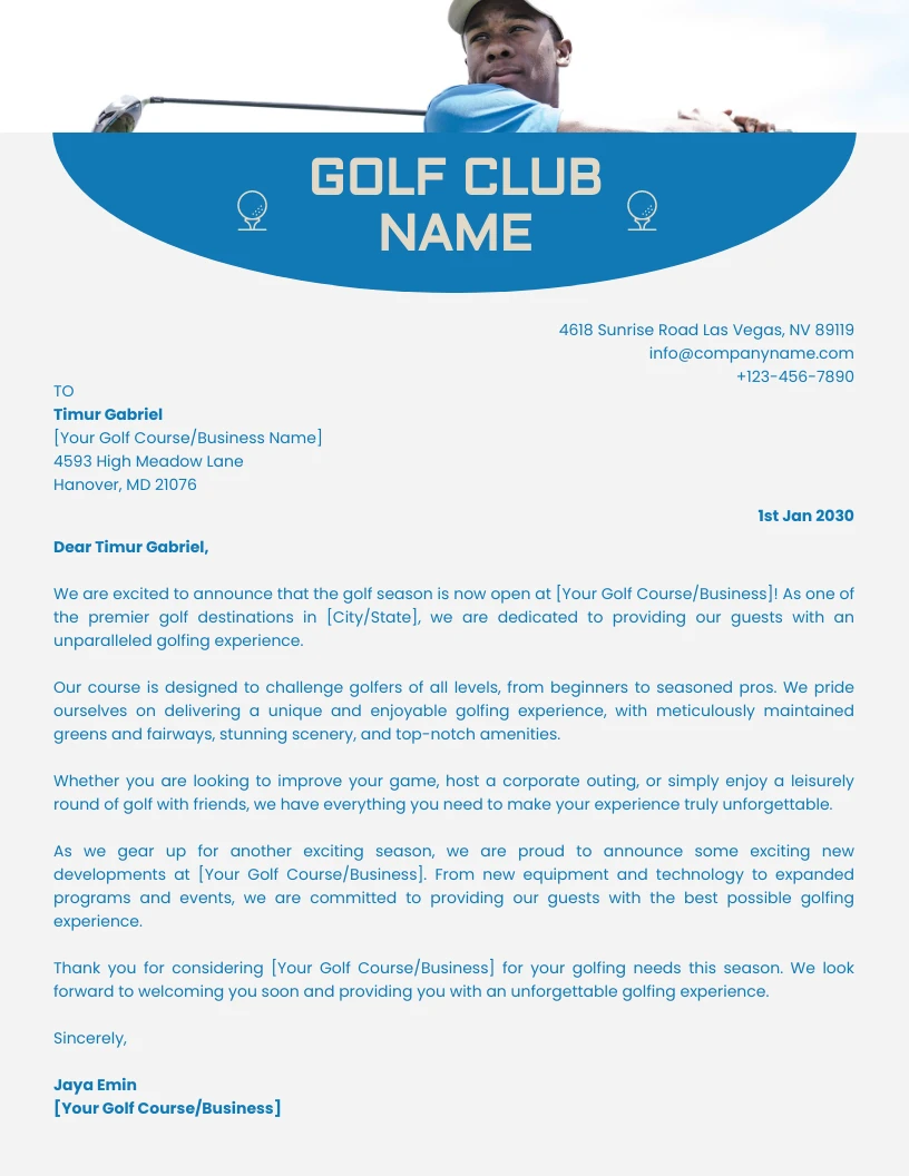 Light Grey And Blue Simple Business Golf Letterhead - Venngage