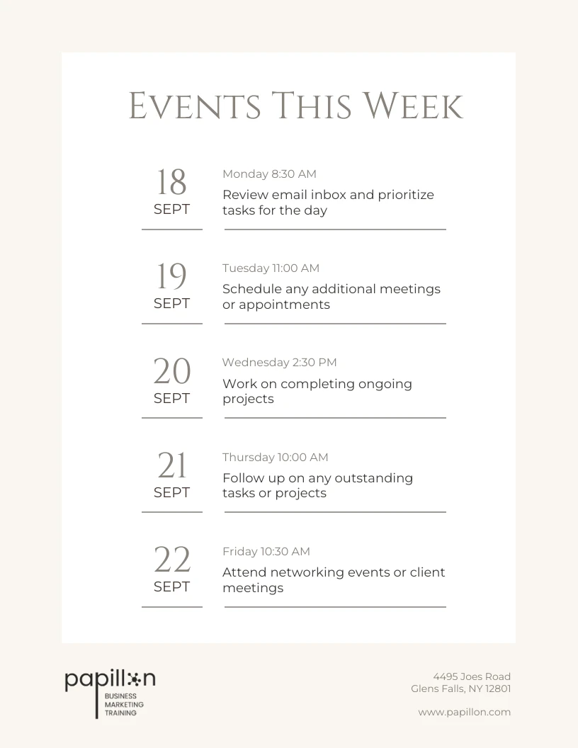 Beige Minimalist Business Week Schedule Template - Venngage