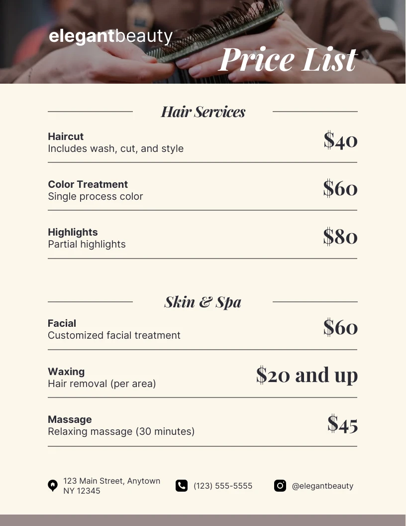 Professional Elegant Beauty Salon Price List Template - Venngage