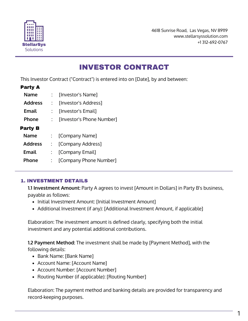 Purple White Investor Contract Template - Venngage