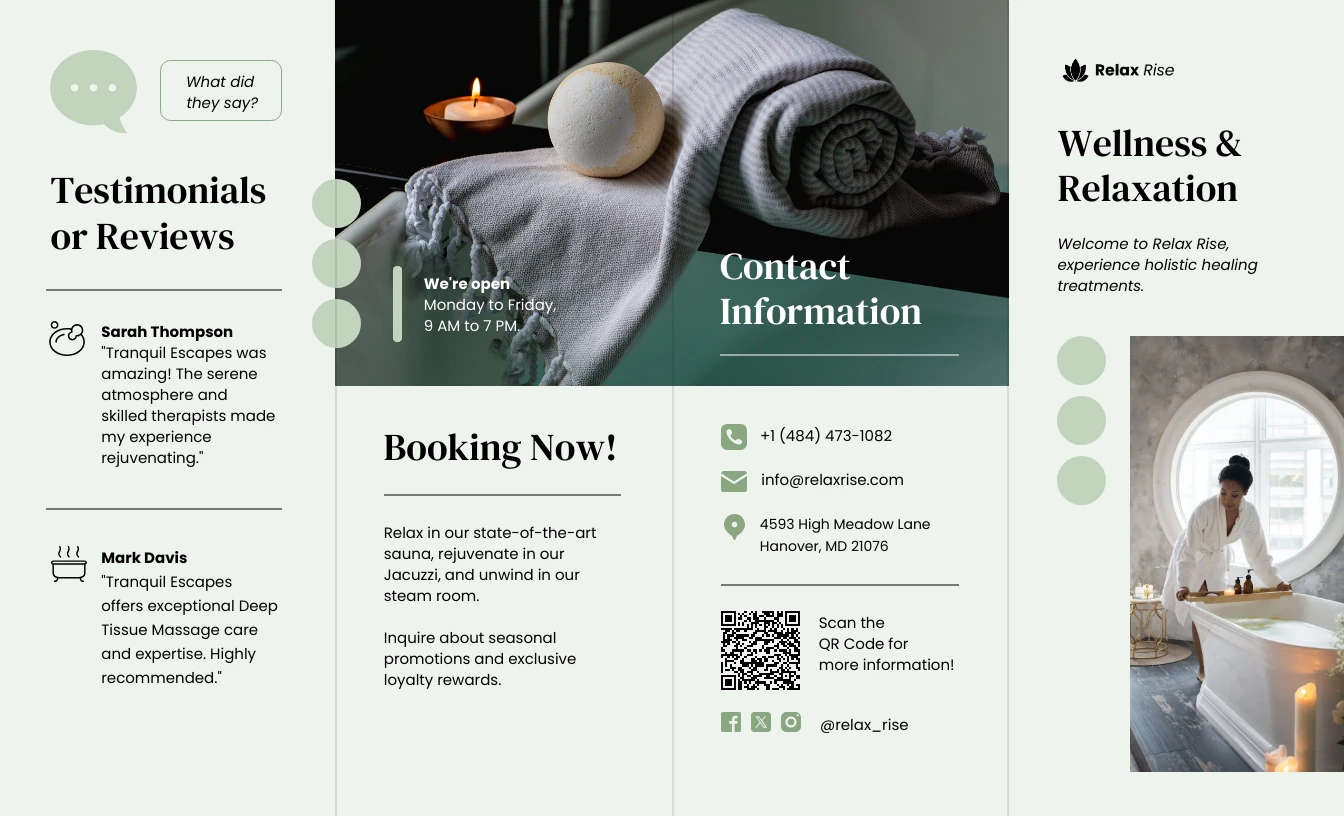 Wellness and Relaxation Roll And Fold Menu Brochure Template - Venngage