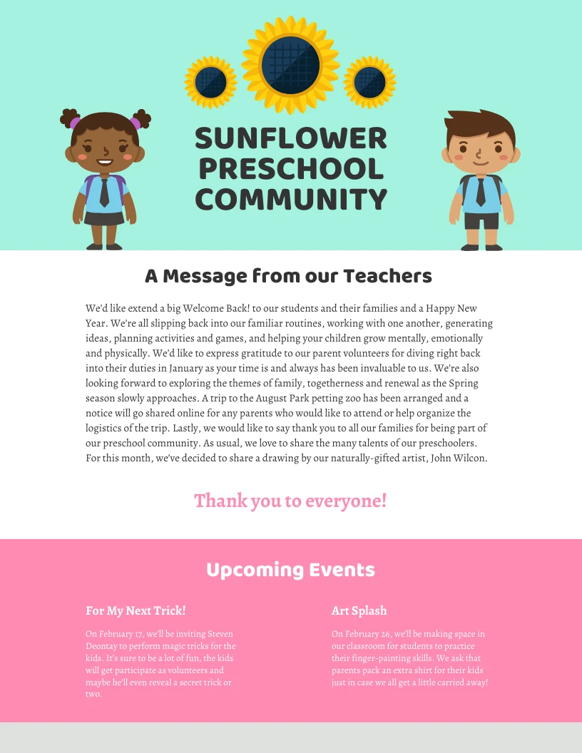 Sunflower Preschool Newsletter Template - Venngage
