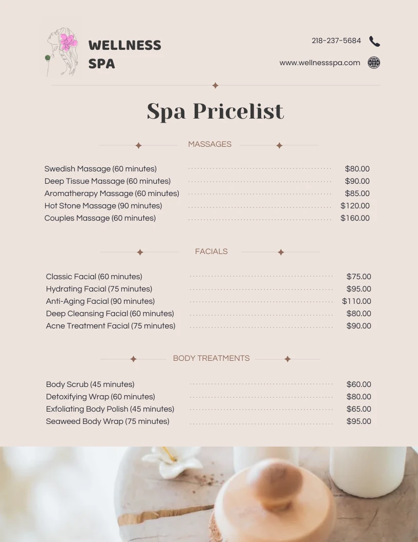 Pearl Bush Wellness SPA Price List Template - Venngage