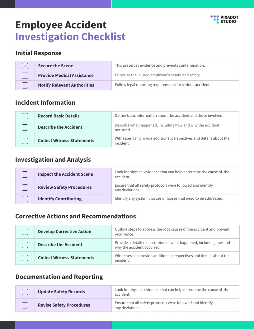 Employee Accident Investigation Checklist - Venngage