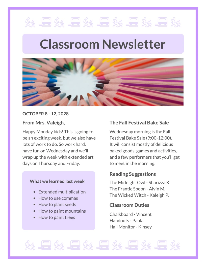Purple Icon Classroom Newsletter Template - Venngage