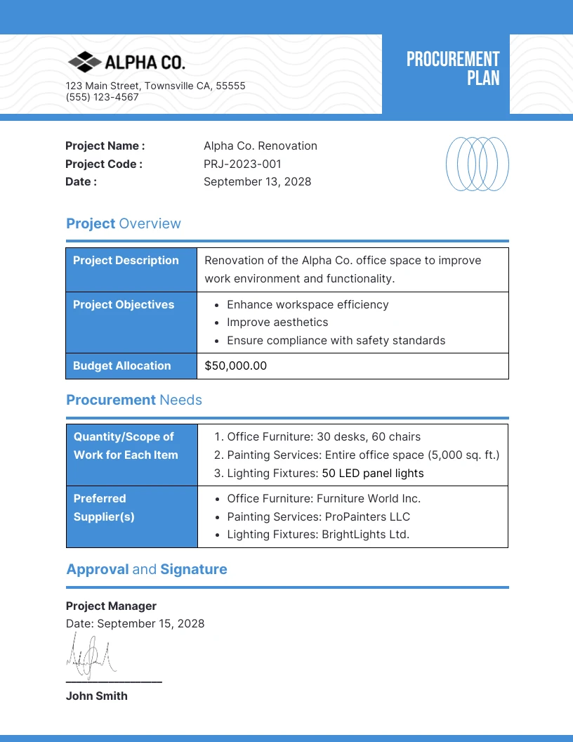 Blue White Procurement Plan Template - Venngage